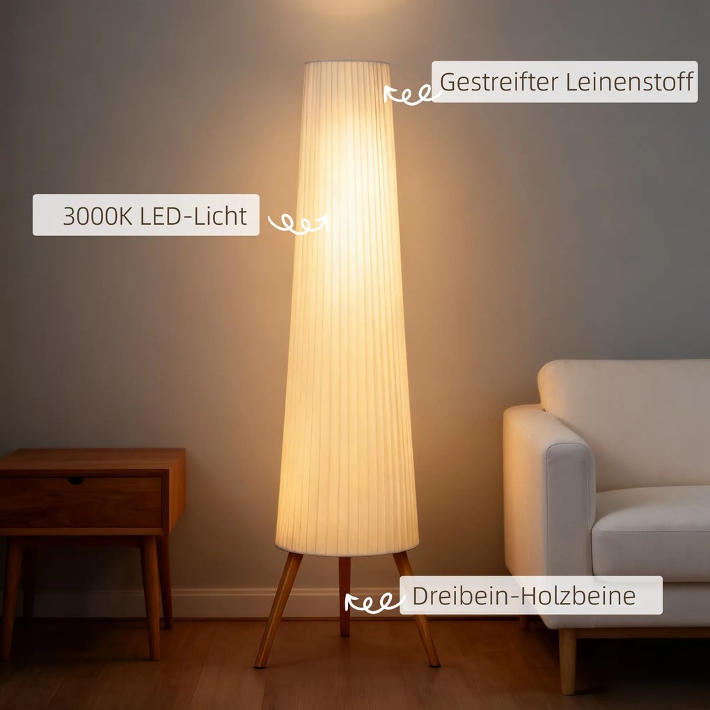 HOMCOM LED stojací lampa do obývacího pokoje stmívatelná dřevo s trojnožkou, stojací lampa s nožním spínačem, 46 x 153 cm, bílá