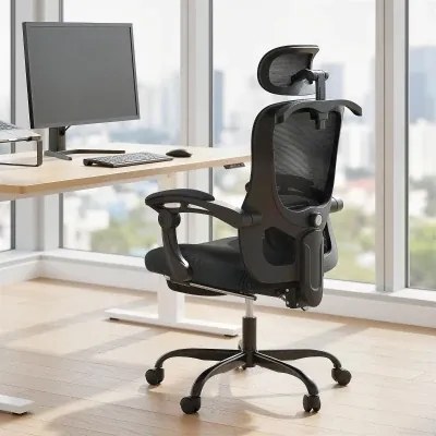 HOMCOM ergonomická kancelářská židle, síťová kancelářská židle s nastavitelnou opěrkou hlavy, bederní opěrka, 64x64x124 cm, černá