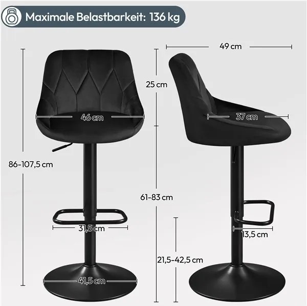 Sada 2 ks – Barová židle – černá, 46 cm (šířka) × 49 cm (hloubka) × 87,5 cm – 109 cm (výška) (257787281669)
