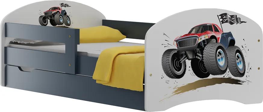 Dětská postel s motivem TRUCK MONSTER  se zábranou Rozměr: 180x90, Matrace: bez matrace, Barevná kombinace: BÍLÁ/LILA