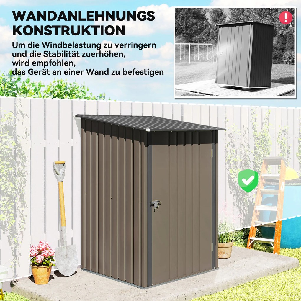 Outsunny Kovový Kůlna na Nářadí 1,6m³ 100x103x160cm Zahradní Kůlna s Šikmou Střechou a Zámkem Voděodolný Úložný Kabinet pro Zahradu, Hnědá