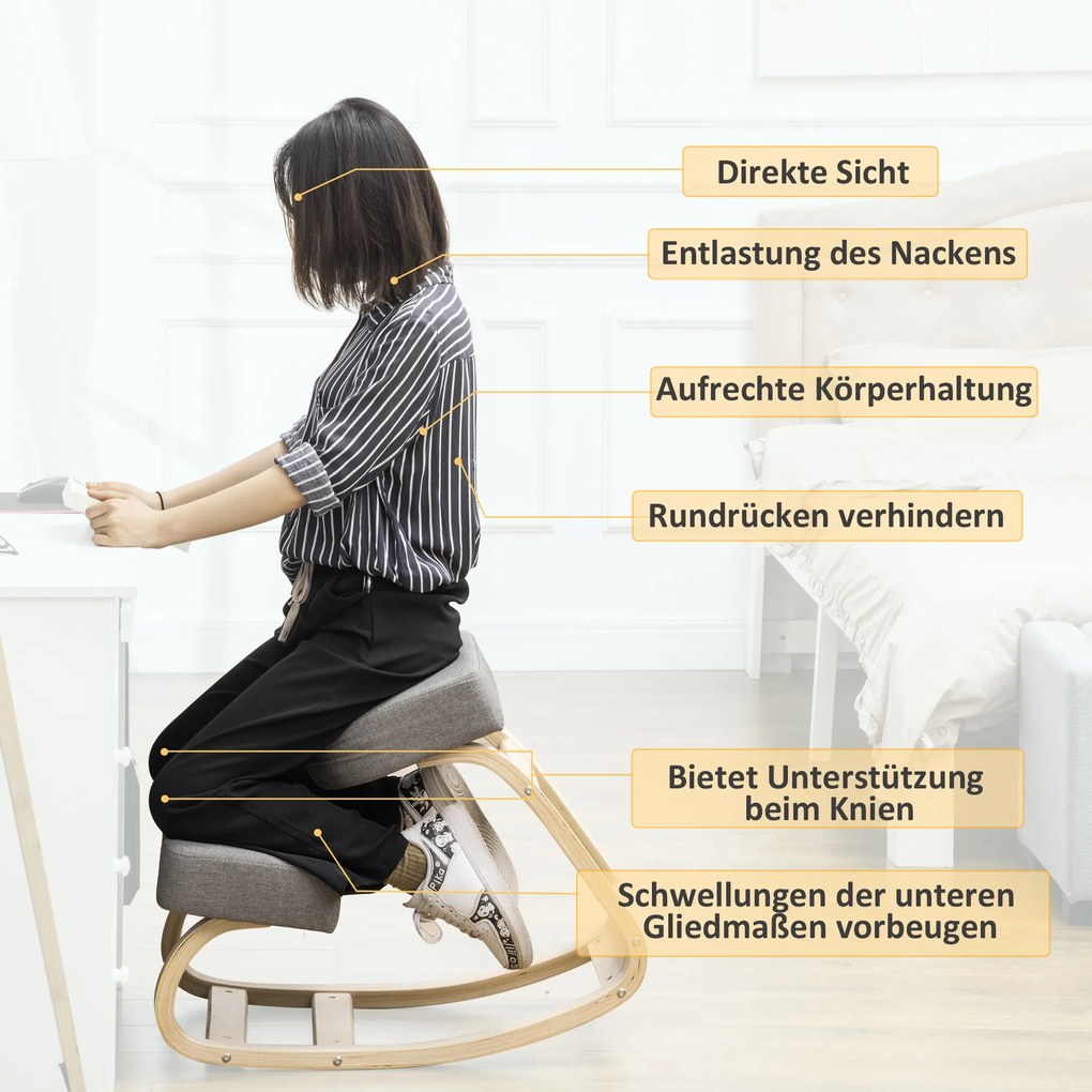 Ergonomická klečící židle Vinsetto z březového dřeva, židle pro správné sezení s paměťovou pěnou a polyesterovým polstrováním pro domov i kancelář, š…