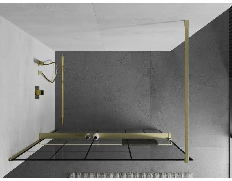 Mexen Kioto+, sprchová zástěna Walk-In s poličkou a věšákem 140 x 200 cm, 8mm čiré sklo černý vzor, zlatý matný profil, 800-140-121-55-78