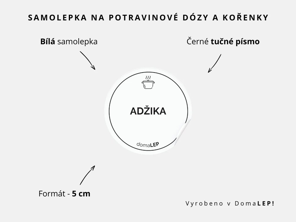 ADŽIKA - omyvatelná samolepka na kořenky, výběr rozměrů Ø 5 cm / 5 x 5 cm / 6 x 8 cm | DomaLEP tvar: ČTVEREC, barva: BÍLÁ - ČERNÉ písmo, velikost: š. 5 cm x v. 5 cm - základní písmo