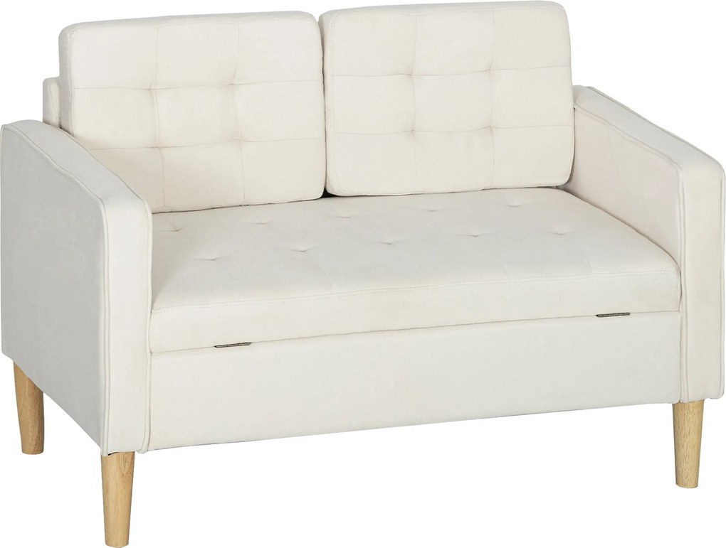 HOMCOM dvoumístná úložná pohovka, sametový vzhled, nohy z kaučukovníku, knoflíkové prošívání — 117 × 62 × 78 cm, krémová