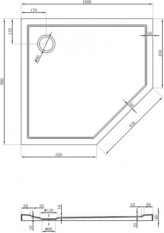Mexen Flow Slim, levostranná pětiúhelníková sprchová vanička 100 x 90 cm, bílá lesklá, 46P109010L