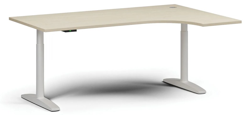 Výškově nastavitelný stůl OBOL, elektrický, 675-1325 mm, rohový pravý, deska 1800x1200 mm, bílá zaoblená podnož, bříza