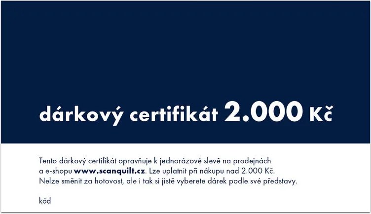 SCANquilt tištěný dárkový poukaz 2.000 Kč SCANquilt modrá 12,3 x 7 cm