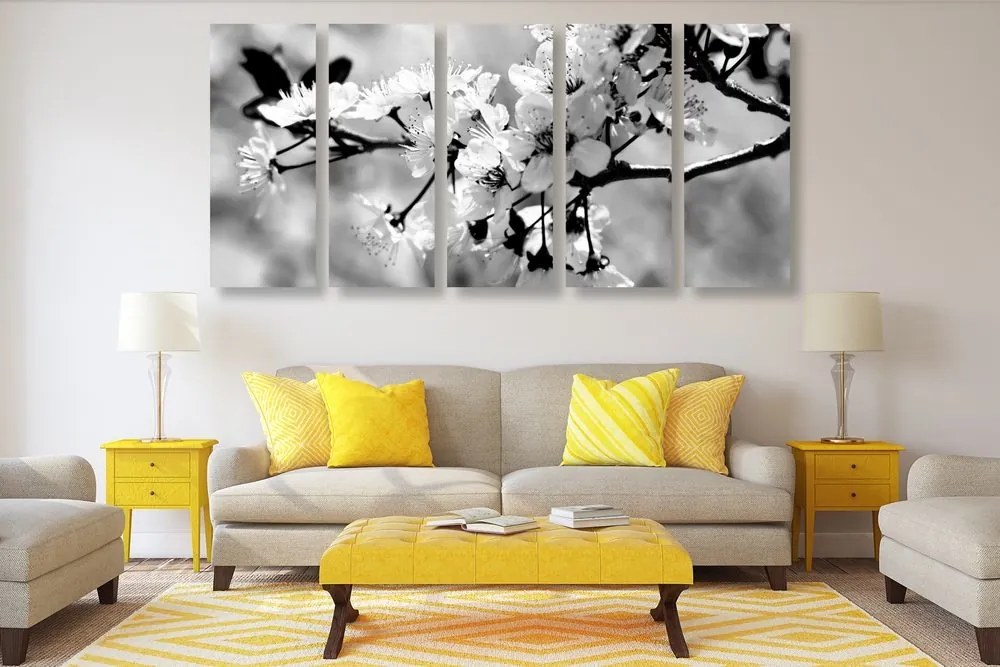 5-dílný obraz třešňový květ v černobílém provedení - 200x100 cm