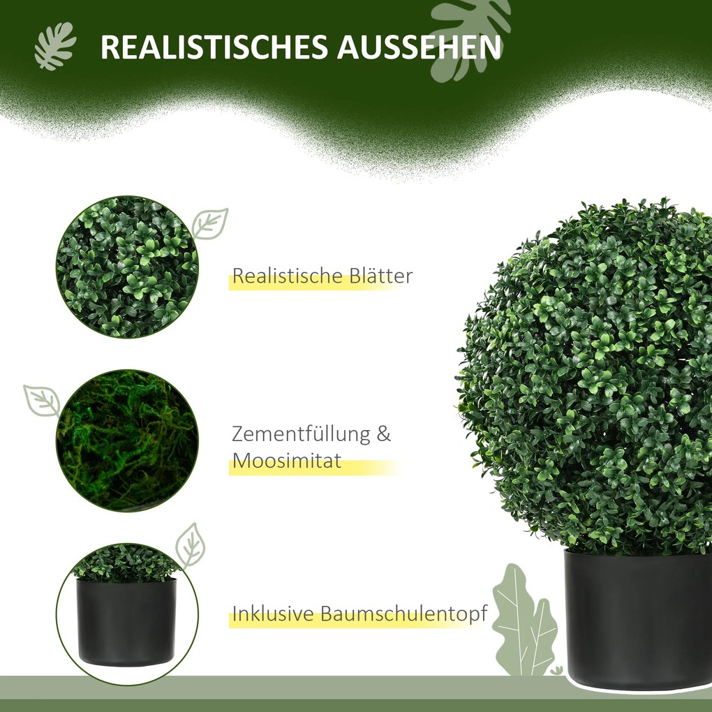 HOMCOM Set 2 Umělých Buxusových Stromů 52cm, Kulatá Umělá Rostlina v Květináči, Realistické Umělé Rostliny pro Dekoraci Obývacího Pokoje, Ložnice a K…