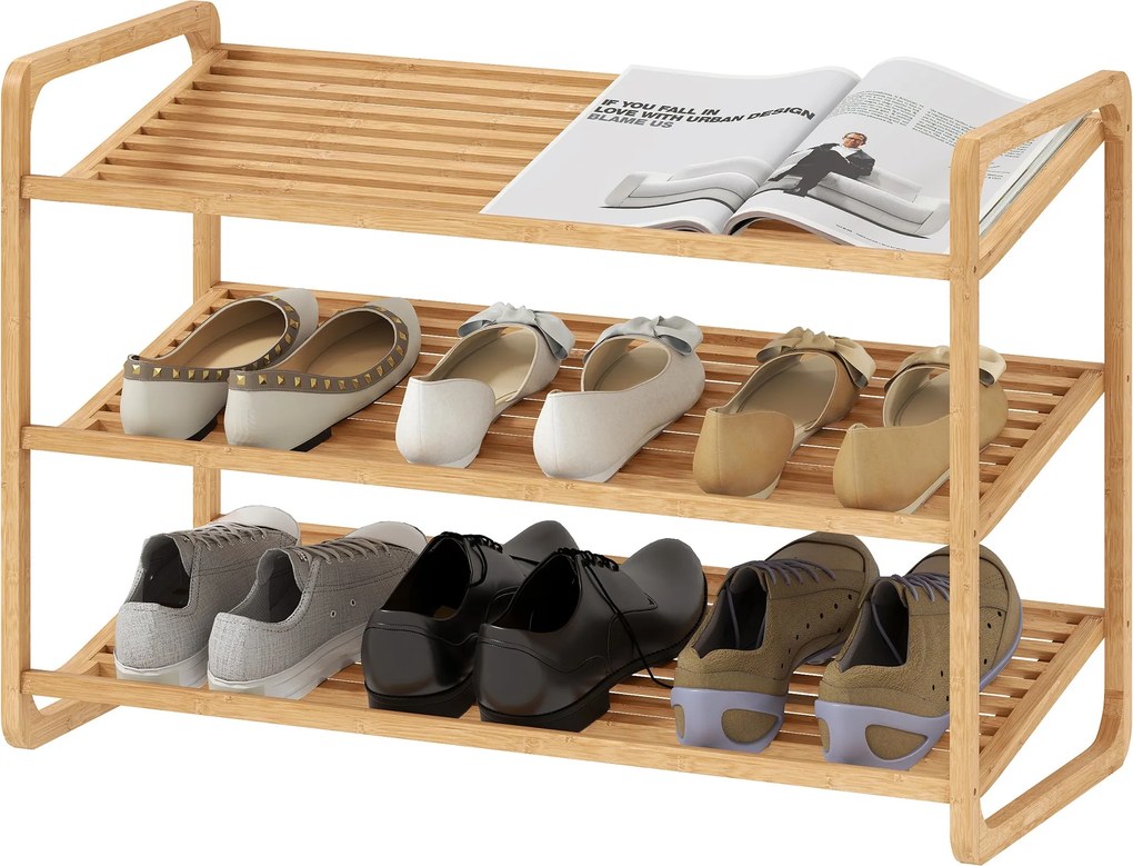 HOMCOM 3-patrový botník z bambusu pro 12 párů bot - Organizér do vstupní haly 76x33x50,8 cm Přírodní | Aosom