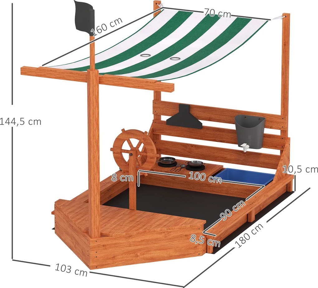 Pískoviště se stříškou proti slunci, pirátská loď, včetně dětské kuchyňské soupravy, masivní dřevo, 180 x 103 x 144,5 cm, zelená barva
