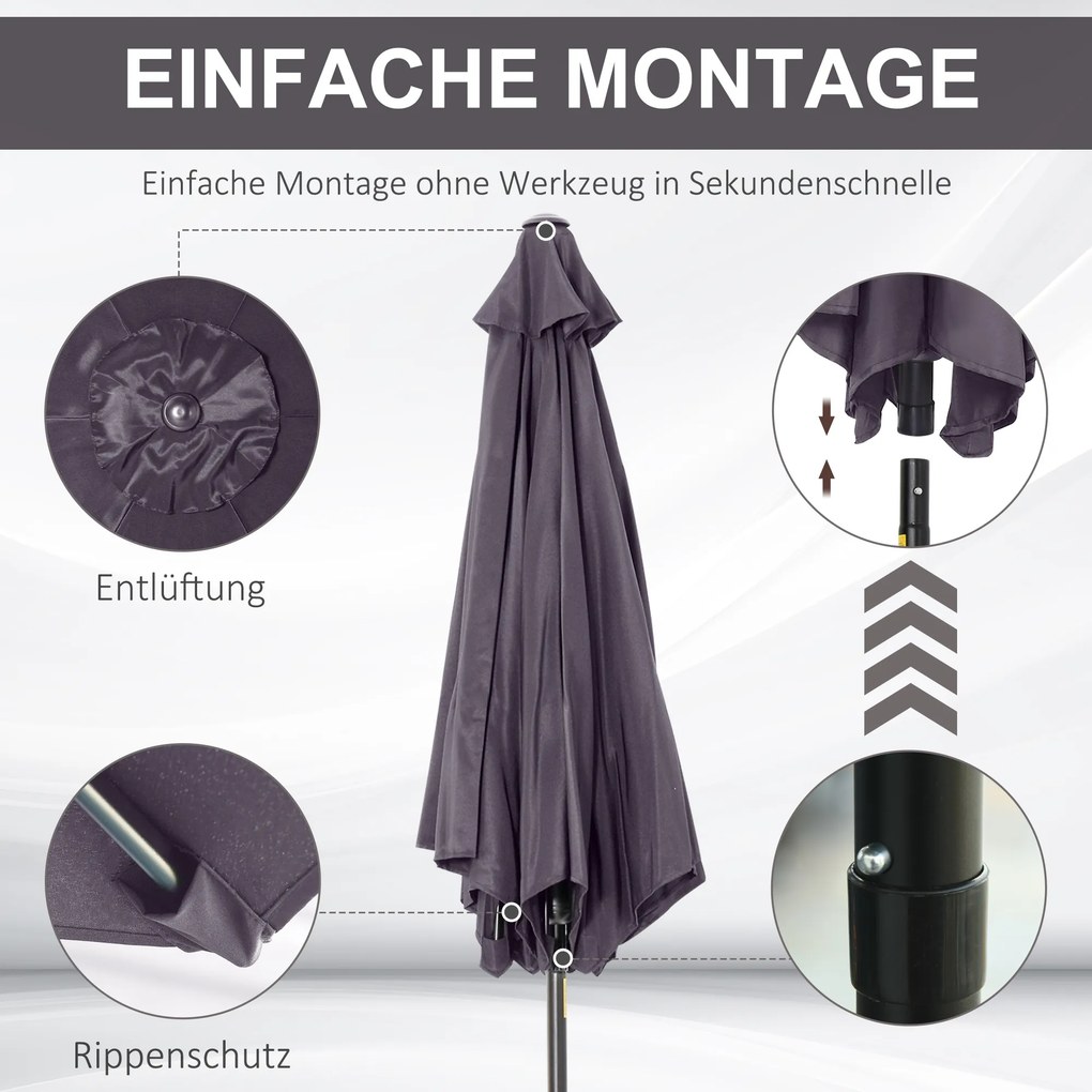 Zahradní slunečník Outsunny z hliníku Ø260x235 cm s naklápěcí konstrukcí, klikou a 6 kovovými tyčemi pro venkovní terasu a balkon - Šedý
