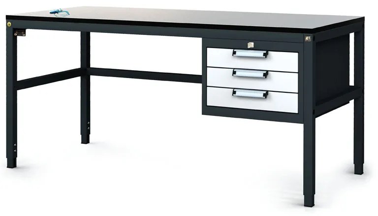 Antistatický dílenský ESD stůl, 3 zásuvkový box na nářadí, 1600x800x745-985 mm