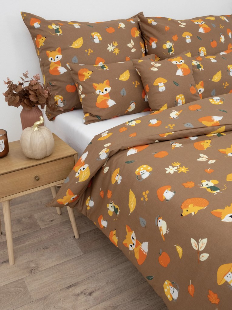 MK Lůžkoviny Prodloužené bavlněné povlečení Renforcé - Podzimní les hnědý 140 × 220 cm, 70 x 90 cm