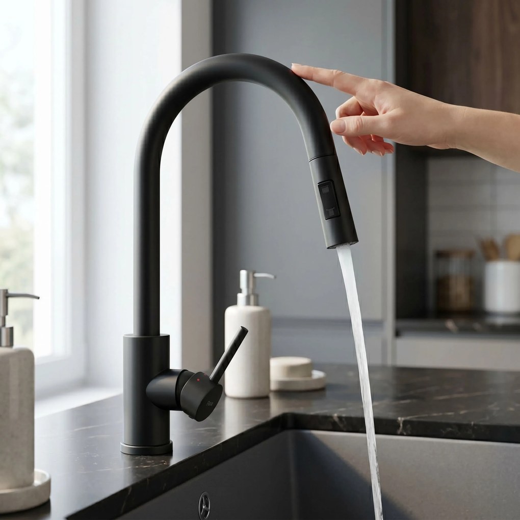 Rea Fresh Touch, vysoká kuchyňská baterie s výsuvnou 2-funkční sprškou, černá matná, REA-B6734