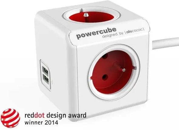 Powercube Extended USB, 4x zásuvka, 2x USB, 1,5m bílá/červená