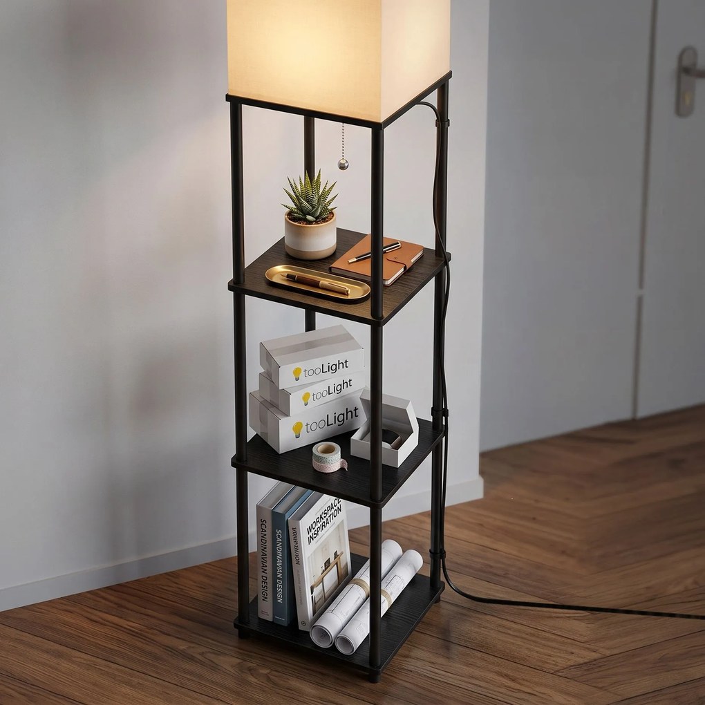 Toolight Toolight, JNH050-1F, stojací lampa s poličkami a jutovým stínítkem 157 cm, 1× E27, černá, 58349