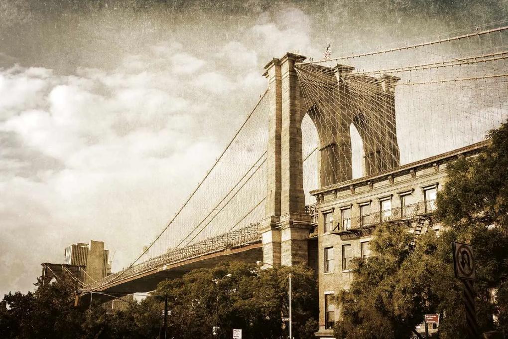 DIMEX | Samolepicí vliesová fototapeta na zeď Brooklynský most ve vintage MA-5-3004 | 375 x 250 cm | zelená, bílá, béžová, šedá