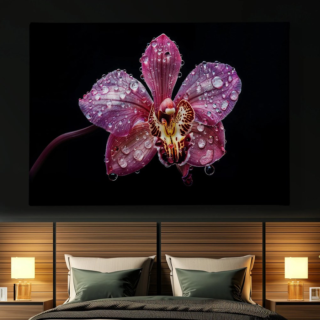 Obraz na plátně - Orchidej, kapky souznění FeelHappy.cz Velikost obrazu (šířka x výška): 90 x 60 cm