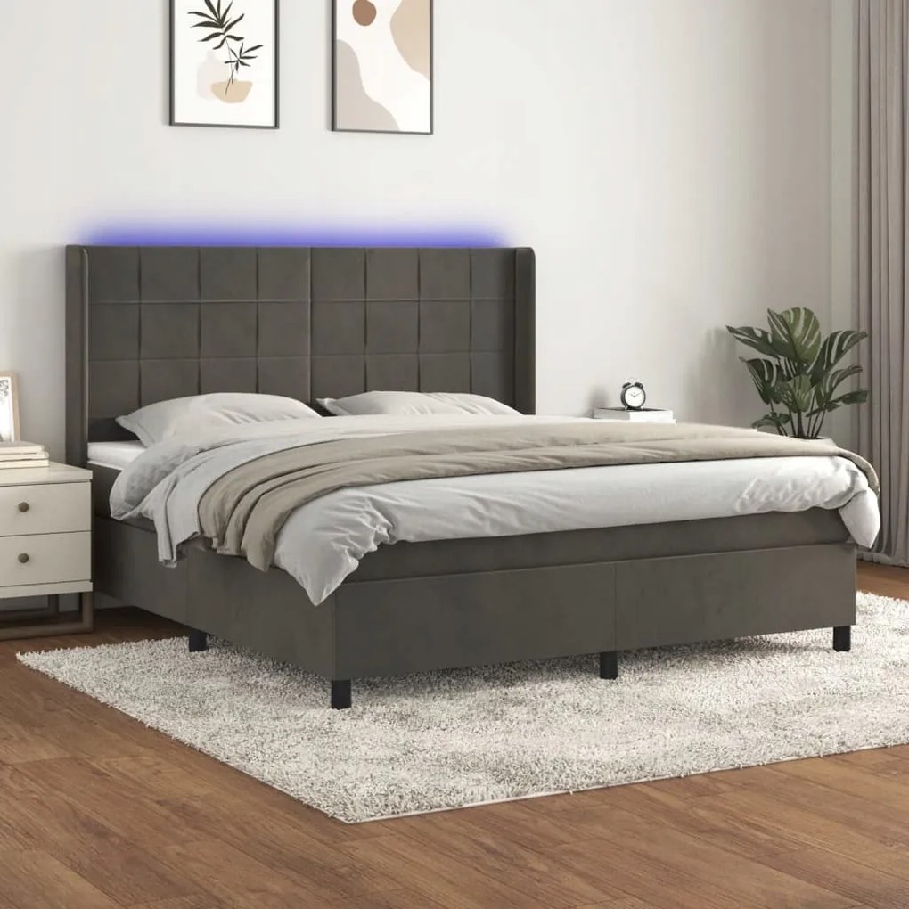 Box Spring Postel S Matrací A Led Samet Tmavě Šedá Blok se čtverci 160 x