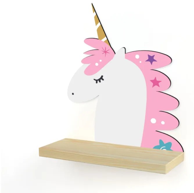 Nástěnná dřevěná polička jednorožec unicorn 41cm x 31,5cm x 11,5cm přírodní dřevo