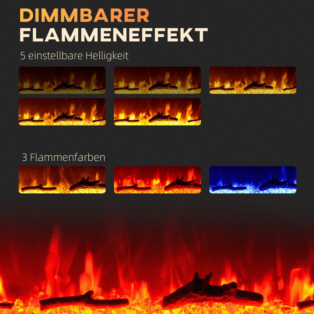 HOMCOM Elektrický krb s LED efektem plamene,1800 W nástěnný krb ve 3 barvách s 5 úrovněmi jasu, elektrický krb s dálkovým ovládáním, dotykový displej…