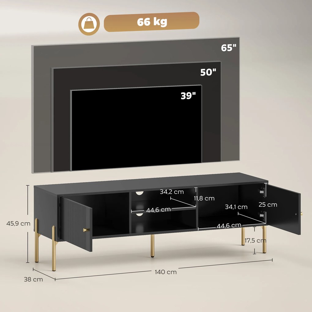 HOMCOM TV nábytek pro televizory až do 165,1 cm, žebrované dveře, otevřené přihrádky, kovové nohy, 140 x 38 x 45,9 cm, černé