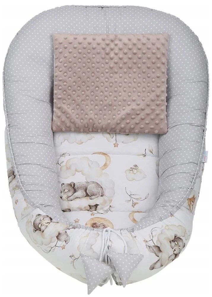 Oboustranné hnízdečko (kokon) pro miminko - BABYMAM PREMIUM set 7v1 - Medvíďata s béžovou minky