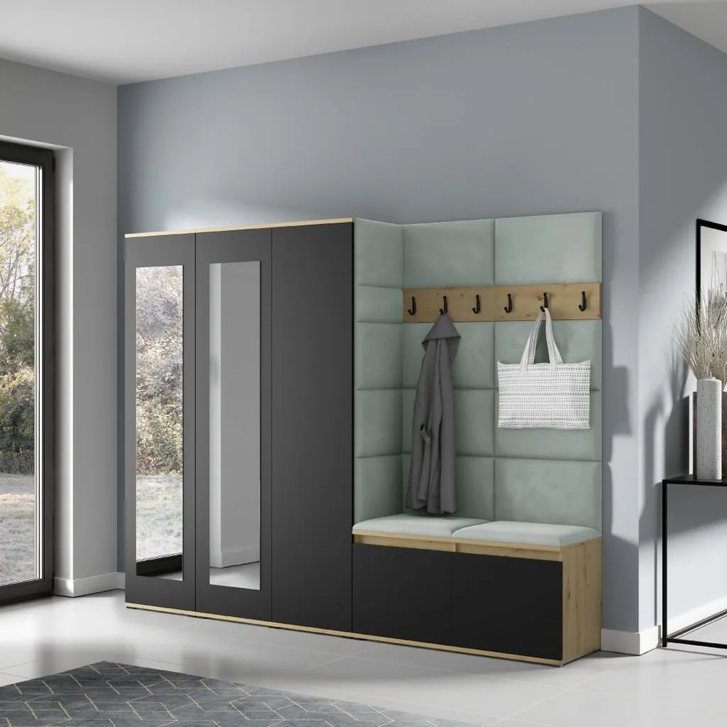 Eka Předsíňová stěna s čalouněnými panely Trinity 15 - Dub Artisan s černou / Světlá zelená 2321