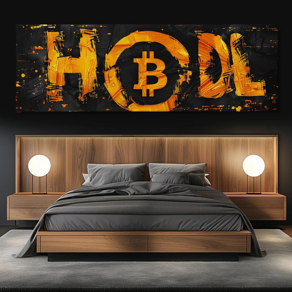 Obraz na plátně - Bitcoin, HODL FeelHappy.cz Velikost obrazu: 120 x 40 cm
