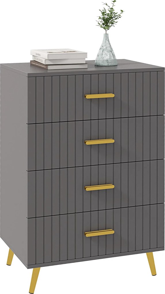 HOMCOM Moderní a Stabilní komoda se 4 zásuvkami, dřevěná a hliníková komoda, 60x40x90 cm, Zlatá a Tmavě šedá | Aosom