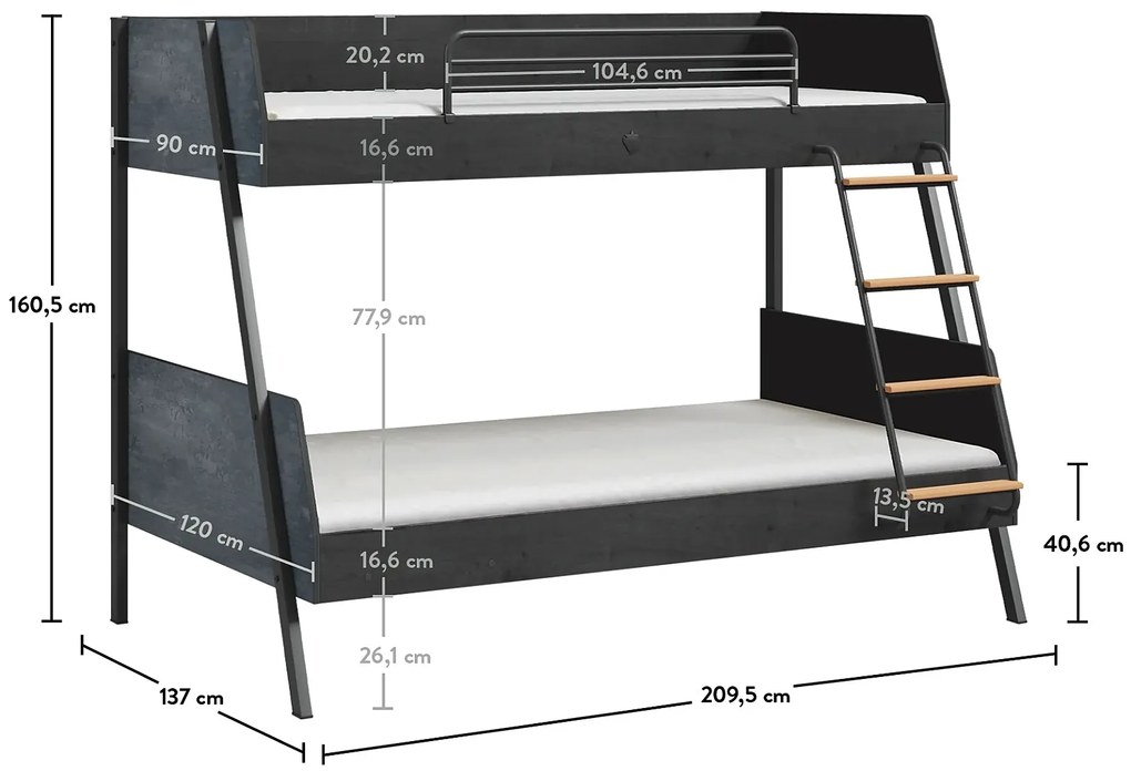 Studentská patrová postel 90x200-120x200 Nebula - černá/šedá