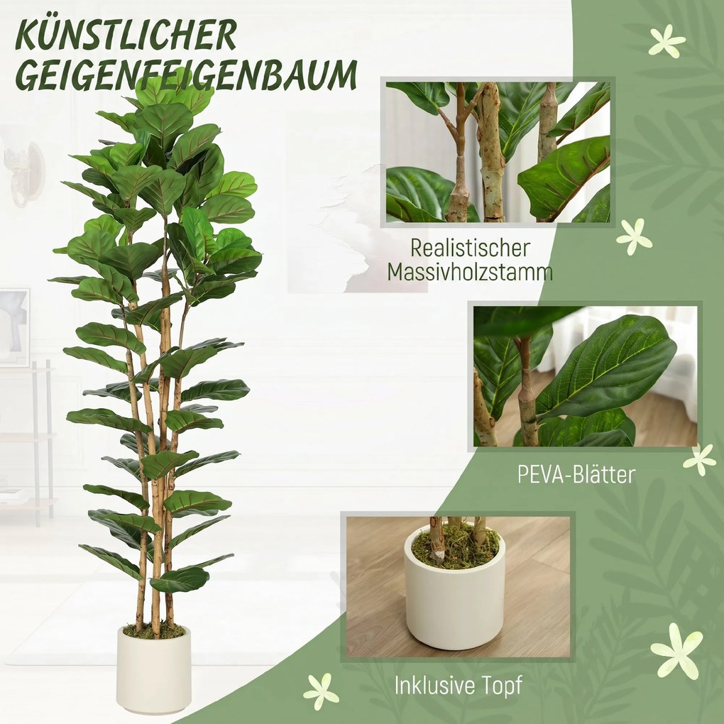 HOMCOM umělý fíkovník (Fiddle Leaf Fig), 180 cm, 91 listů, kmen z masivního dřeva, v květináči — realistická plastová rostlina do obýváku, ložnice, k…