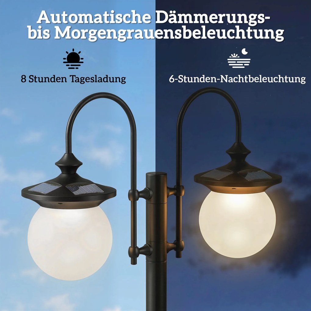 Outsunny Solární lucerna stojací lampa, výška nastavitelná 182 cm, venkovní zahradní lucerna se 2 hlavami, květináč, světelný senzor, vypínač, IP44