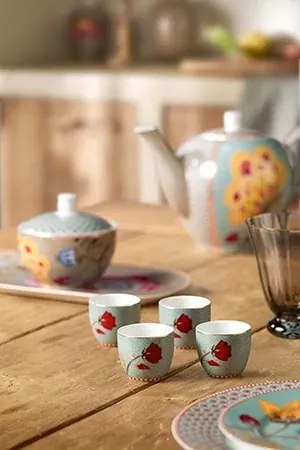 Pip Studio Blooming Tales sada 4 ks porcelánových kalíšků, modrá (Sada porcelánových kalíšků na vajíčko, dip nebo med)