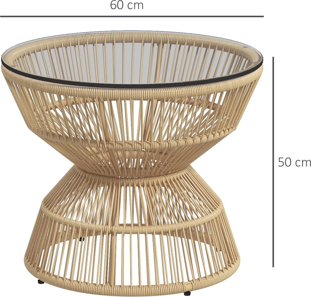 Ratanový konferenční stolek Outsunny Ø60 cm Zahradní stolek s deskou z tvrzeného skla v boho designu, konferenční stolek z přírodního dřeva |