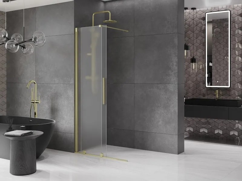 Mexen Velar, sprchová zástěna s posuvnými dveřmi Walk-in 85 x 200 cm, 8mm sklo námraza, zlatá matná, 871-085-000-33-55