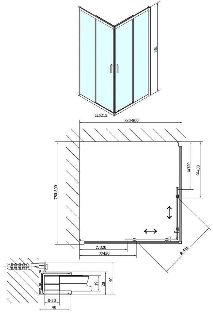 Polysan EASY LINE čtvercová sprchová zástěna 800x800mm, čiré sklo EL5215