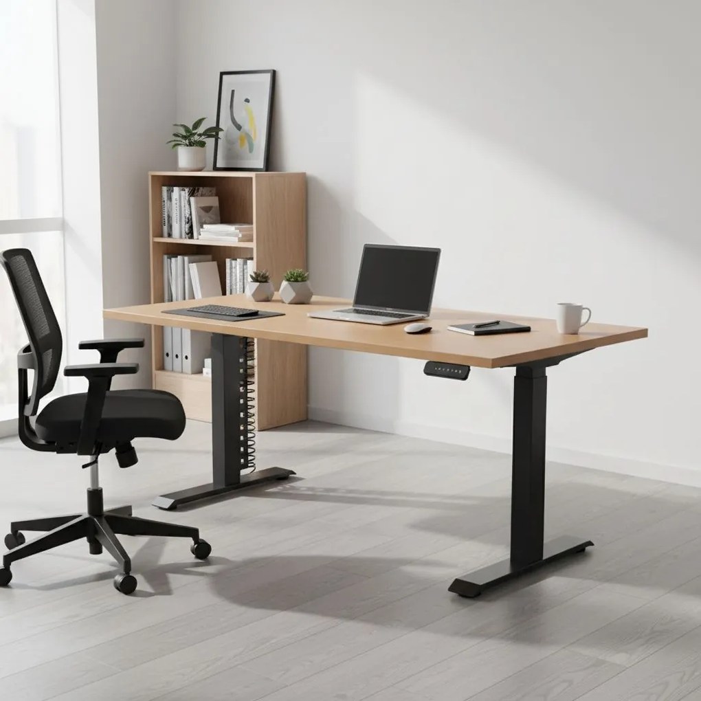 Výškově nastavitelný stůl OfficeTech C, 180 x 80 cm, černá podnož, buk