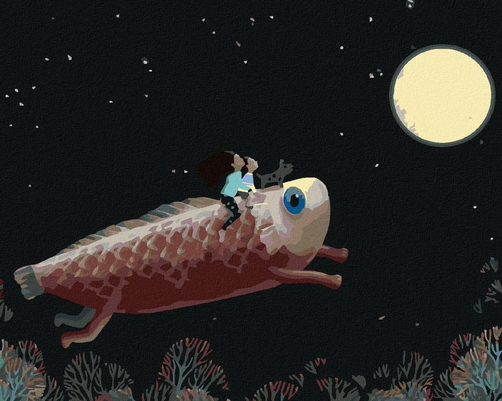 Malování podle čísel děti na obří rybě míří na měsíc, 40x50 cm, vypnuté plátno na rám