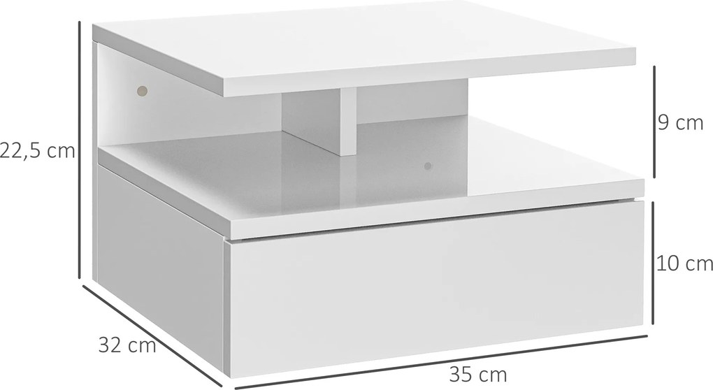 HOMCOM Sada 2 floating nočních stolků se závěsem, 1 zásuvkou a otevřenou policí do ložnice 35x32x22,5 cm Jasně bílá