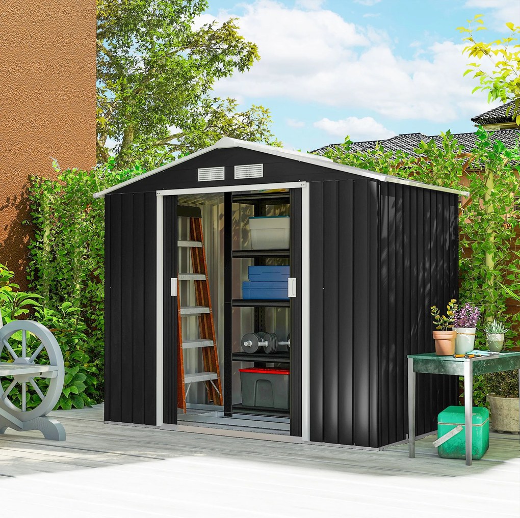 Zahradní domek Outsunny 2,42 m², zahradní domek s pultovou střechou, posuvné dveře, základna, 213 x 130 x 185 cm, zahradní kůlna z pozinkované oceli,