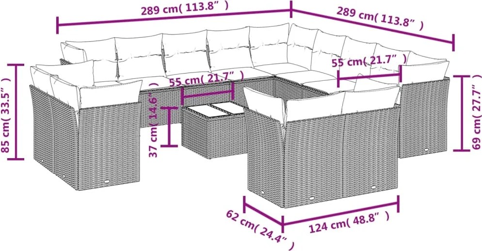 14dílná zahradní sedací souprava s poduškami černá polyratan 3250394
