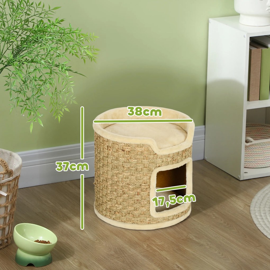 PawHut škrabadlo, 37 cm vysoké škrabadlo pro kočky s dvířky, dvoupatrové škrabadlo, věž pro kočky ze sisalu, pro kočky do 5 kg, khaki | Aosom