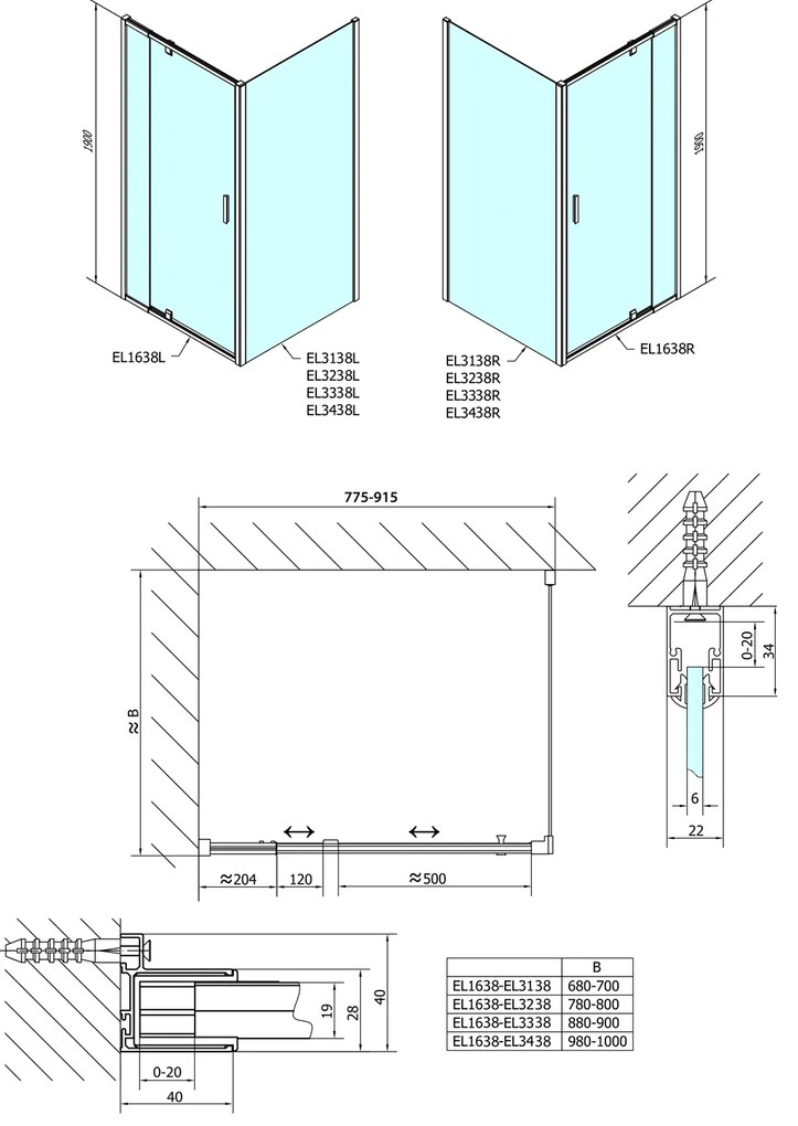 Polysan, Easy Line obdélníková/čtvercová sprchová zástěna pivot dveře 800-900x900mm, L/P, brick sklo, EL1638EL3338
