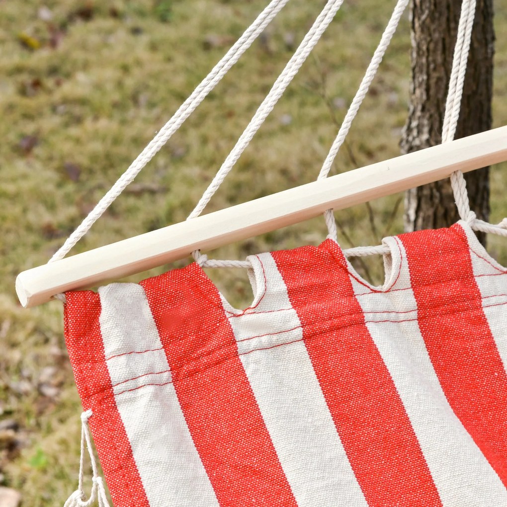 Outsunny Přenosná Cestovní Hammock ve Stylu Hippie Chic 2L x 1W m Bavlna Polyester Červená Krémově Pruhovaná | Aosom