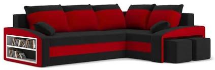 Rozkládací rohová sedací souprava s taburety a poličkou GRANDE Černá/červená Pravá