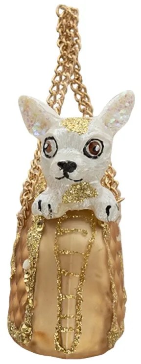 Vánoční ozdoba psík ve zlaté kabelce – 8x4x8 cm