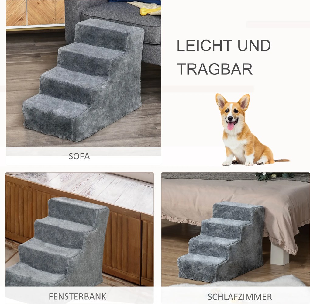 PawHut schody pro psy 4stupňové s odnímatelným krytem, schody pro kočky, dřevotříska, plyš, šedé, 60x35x44cm| Aosom